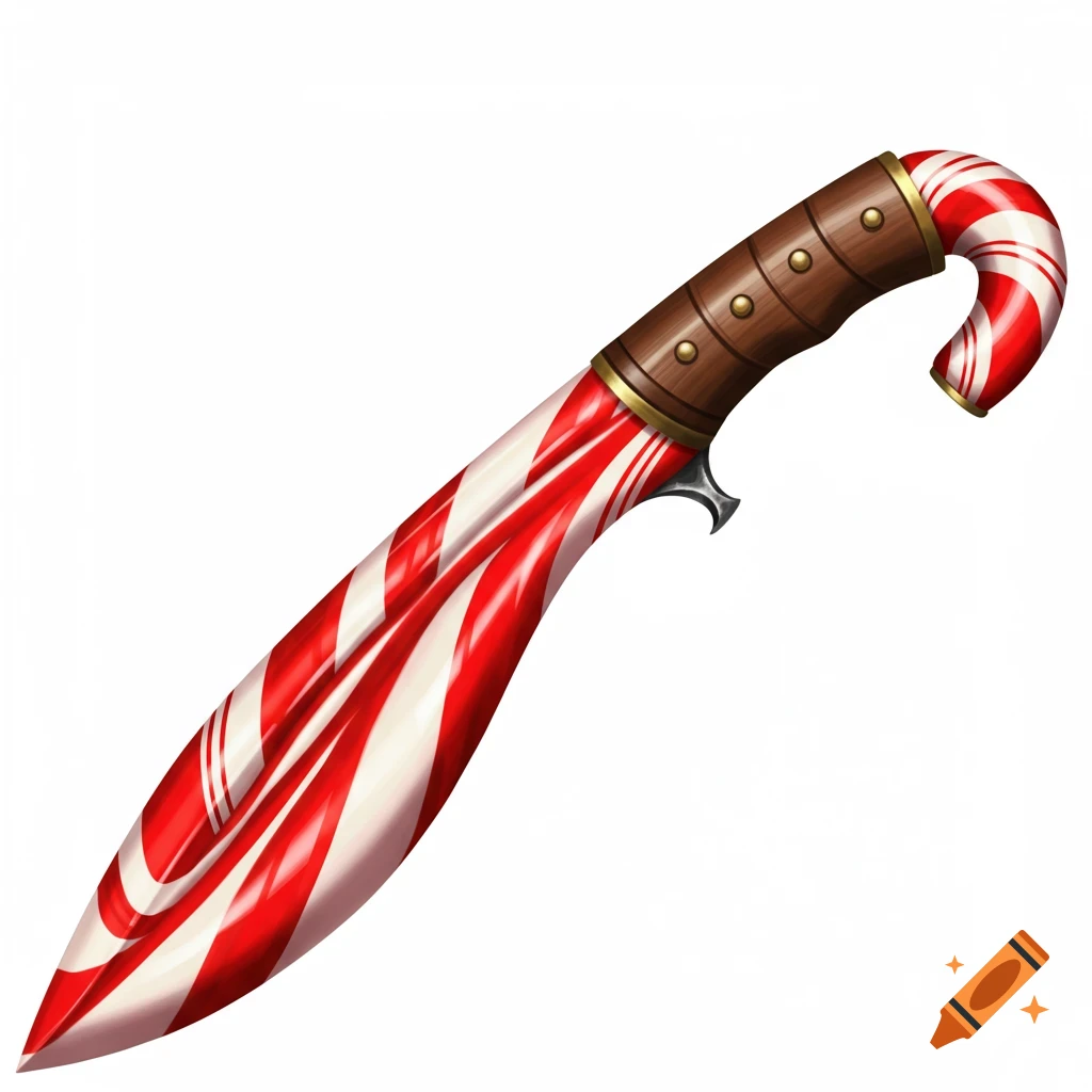 A curved kukri knife with red and white candy cane stripes on the blade and handle. on Craiyon