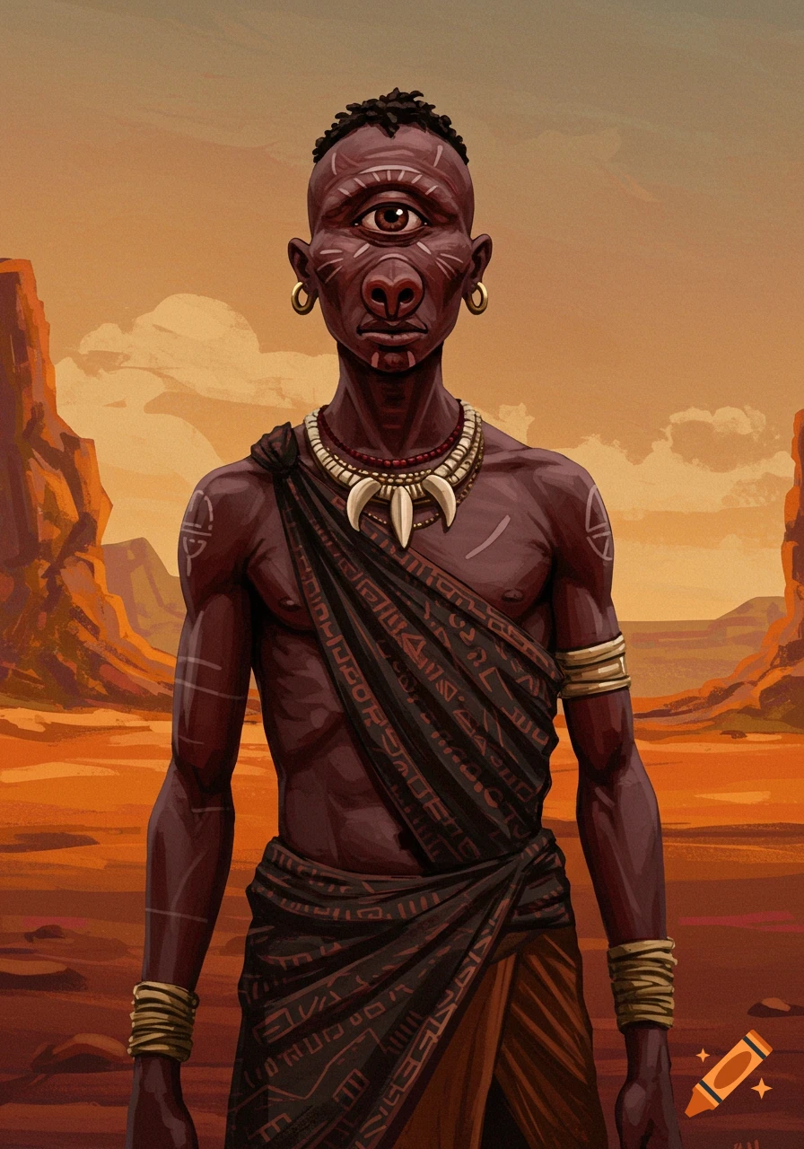 A cyclops-like figure with a snout nose, wearing tribal clothing and ...