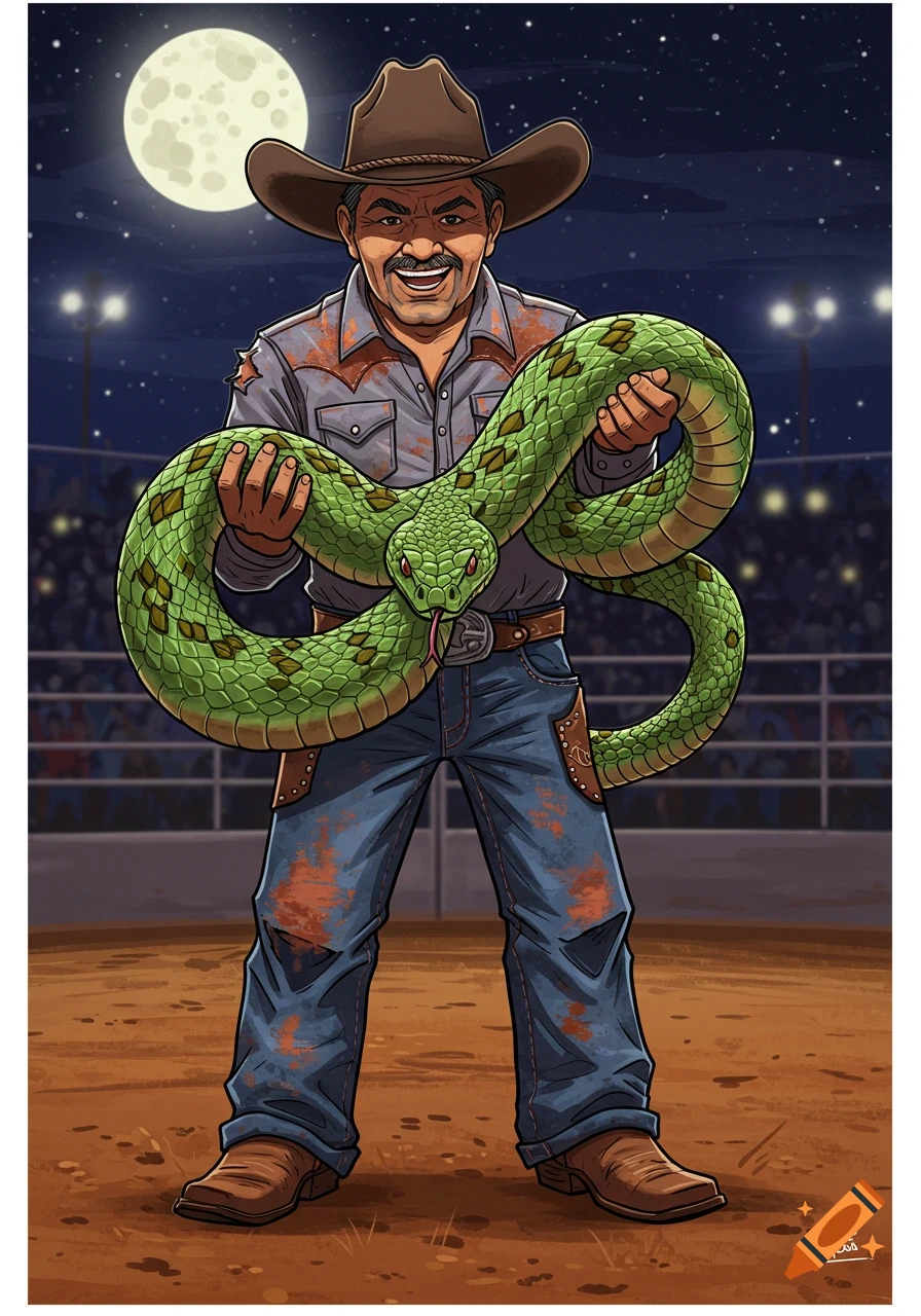 Cartoon illustration of a cowboy holding a large green snake in a rodeo ...