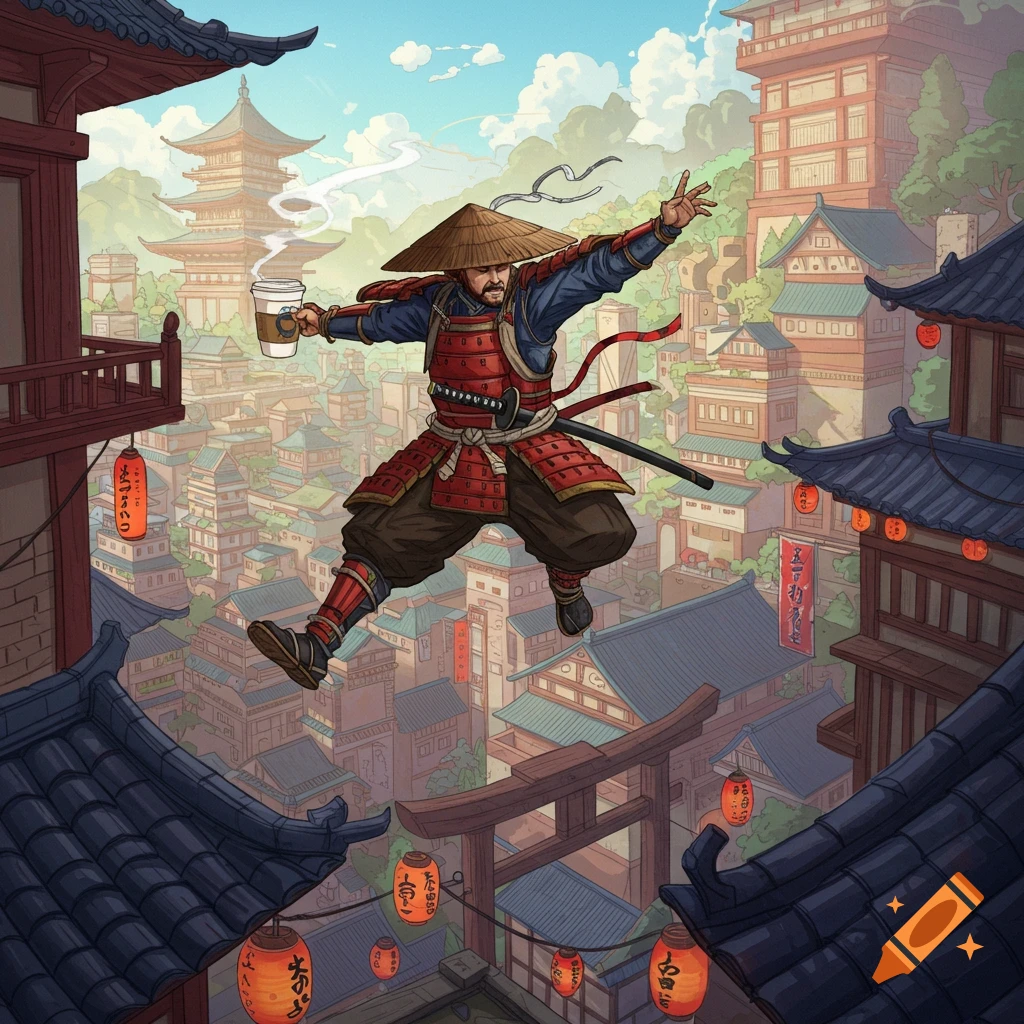 Stylized illustration of a samurai jumping over Japanese rooftops while ...