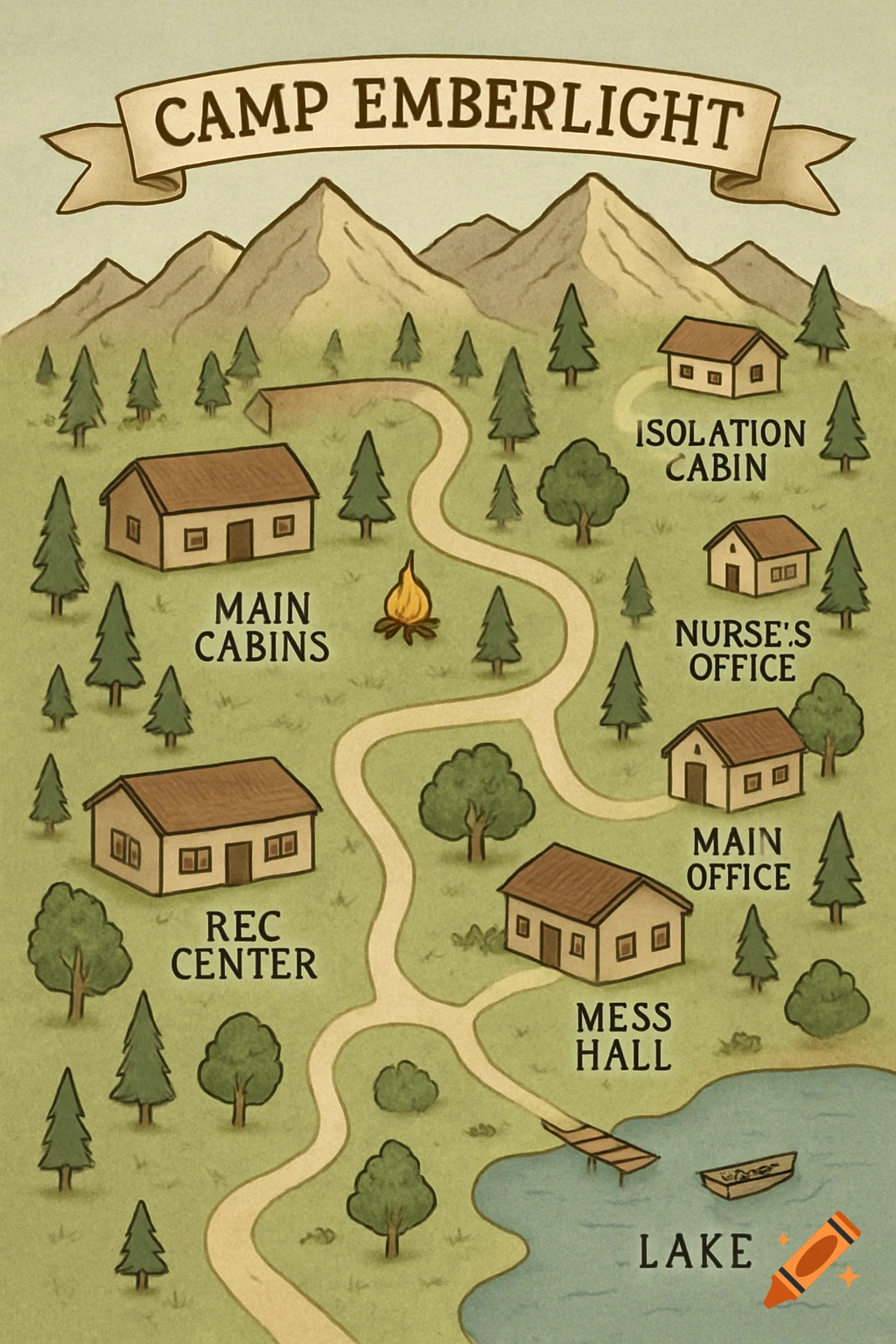 Illustrated map of Camp Emberlight showing cabins, offices, mess hall ...