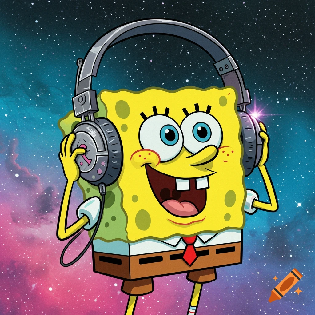Spongebob Squarepants wearing headphones against a colorful starry ...
