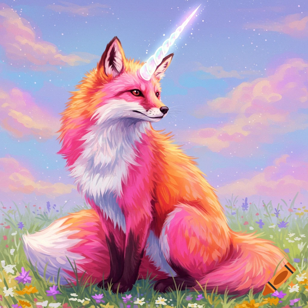 Painterly illustration of a pink and orange unicorn fox sitting in a ...