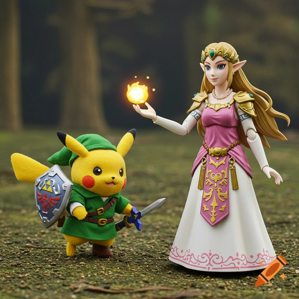 Pikachu dressed as Link holding a shield and sword stands next to ...