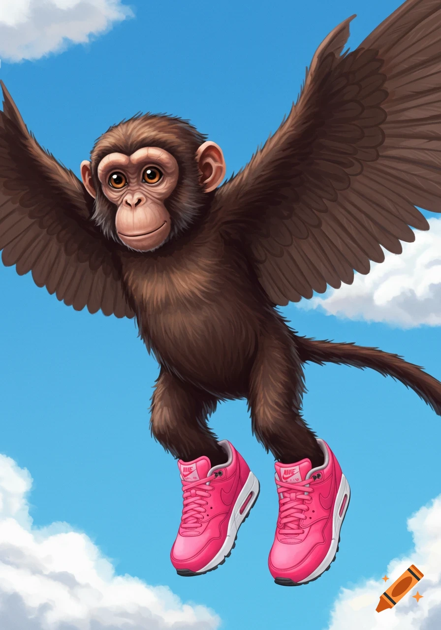 A cartoon monkey with wings flies through a cloudy sky wearing pink ...