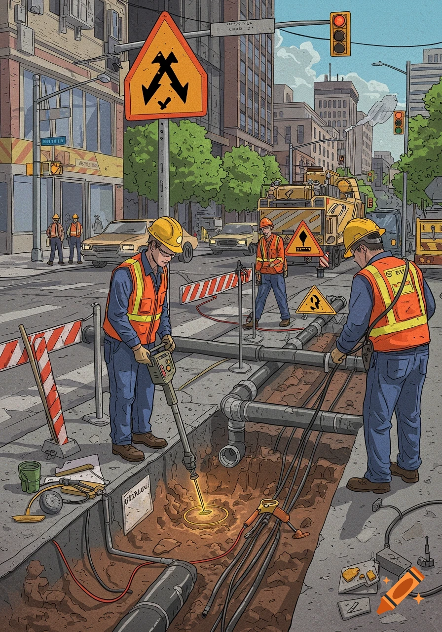 Illustrative image of construction workers using a jackhammer and tools to repair underground ...
