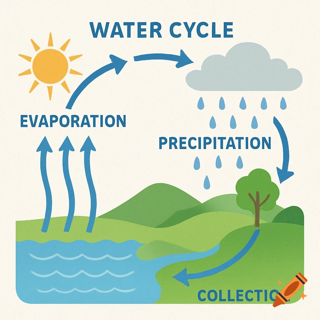 Diagram illustrating the water cycle with evaporation, precipitation ...