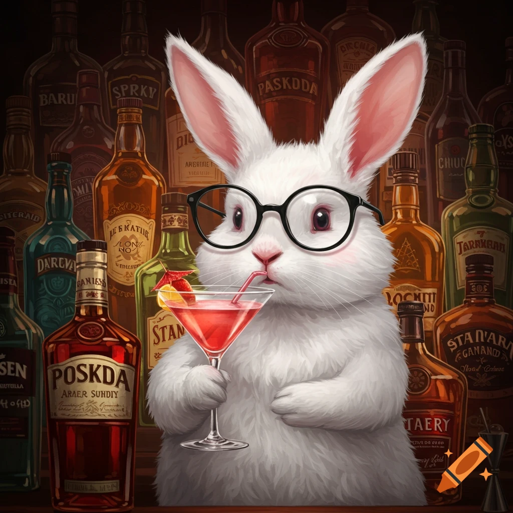 A white rabbit wearing glasses drinks a cocktail at a bar. on Craiyon
