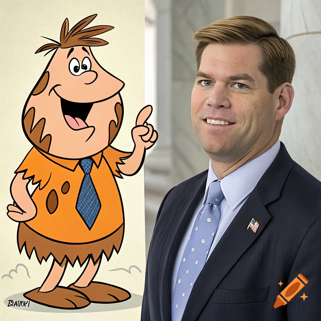 Rep. Eric Swalwell's face on Barney Rubble's cartoon body. on Craiyon