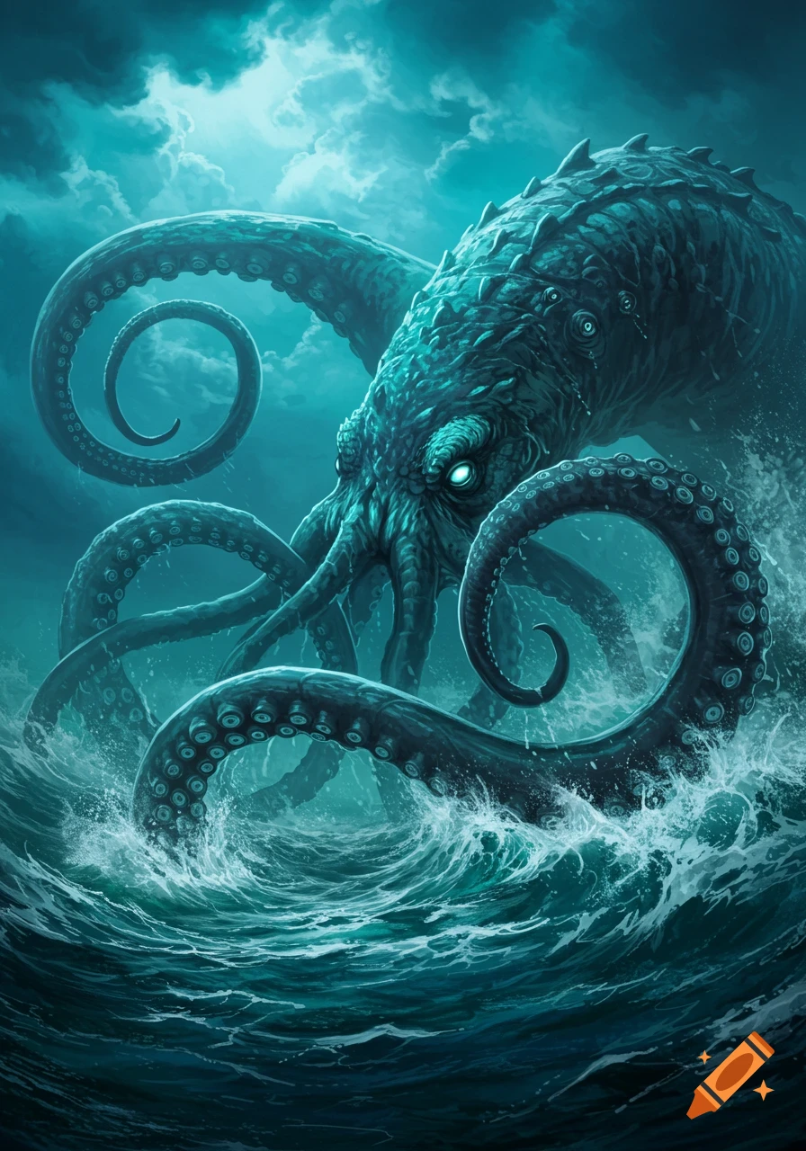 A giant, dark green Kraken emerges from stormy teal waters with swirling tentacles. on Craiyon