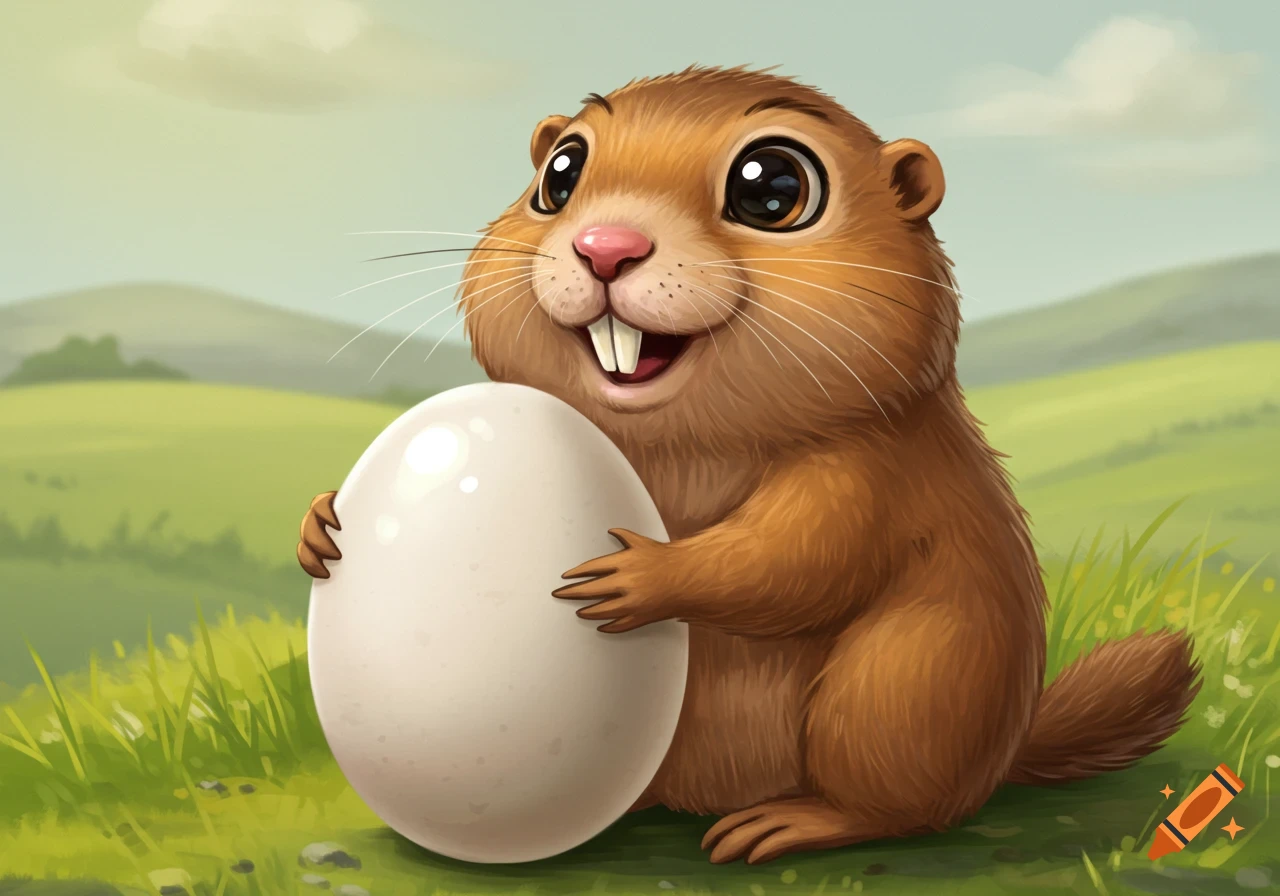 A cute cartoon gopher sits in a field, holding a large white egg. on ...