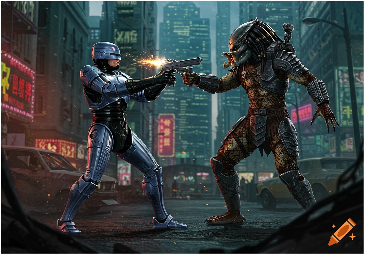 Robocop and Predator face off and shoot at each other on a futuristic ...