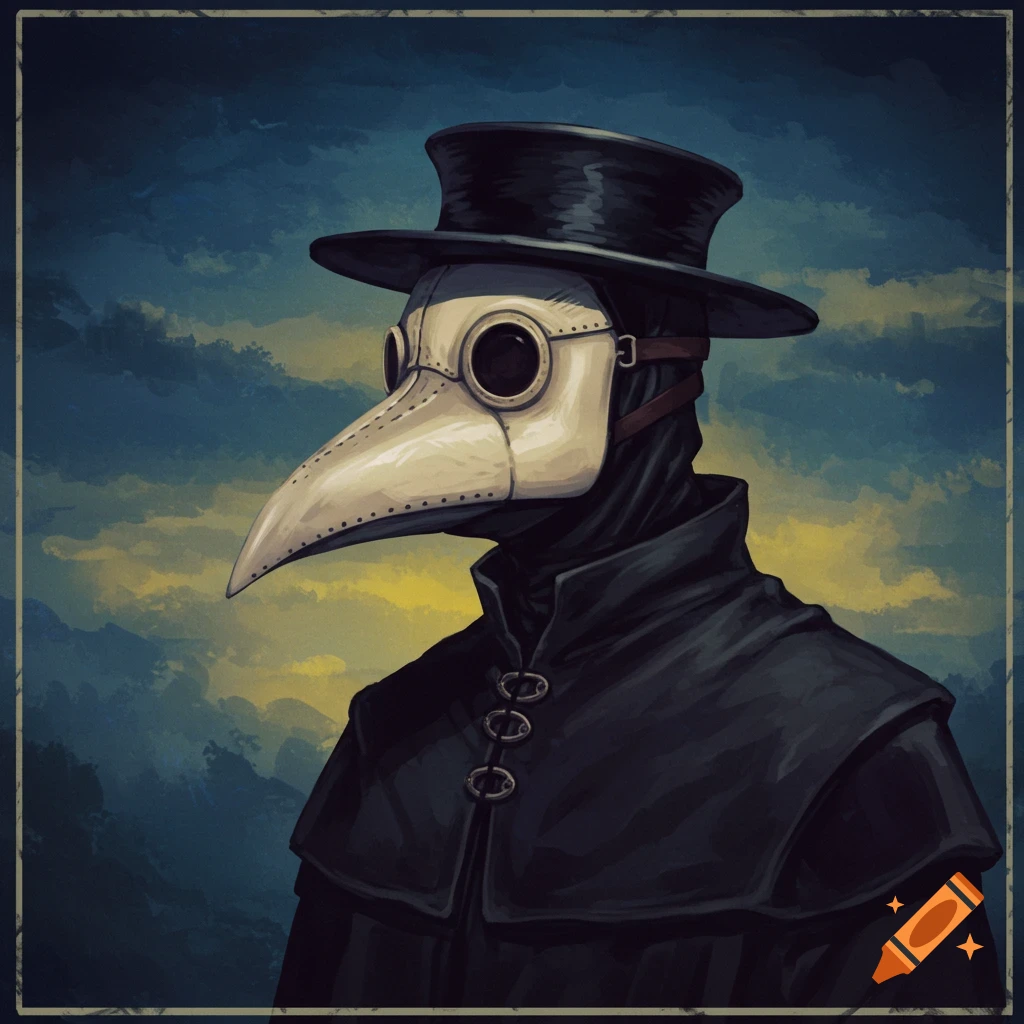 Illustration of a plague doctor in a mask, hat, and cloak against a cloudy sky on Craiyon