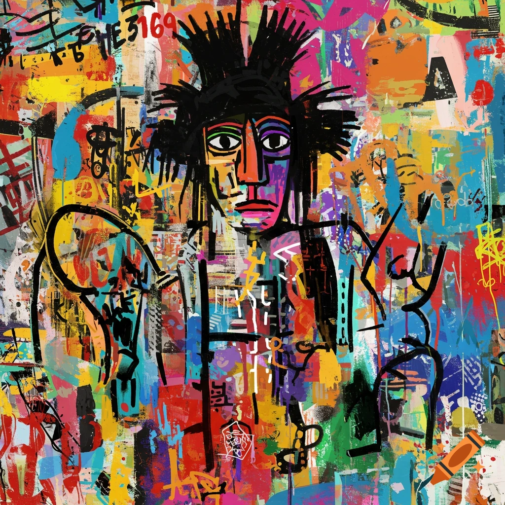 Colorful abstract portrait painting in Basquiat style with scribbled ...