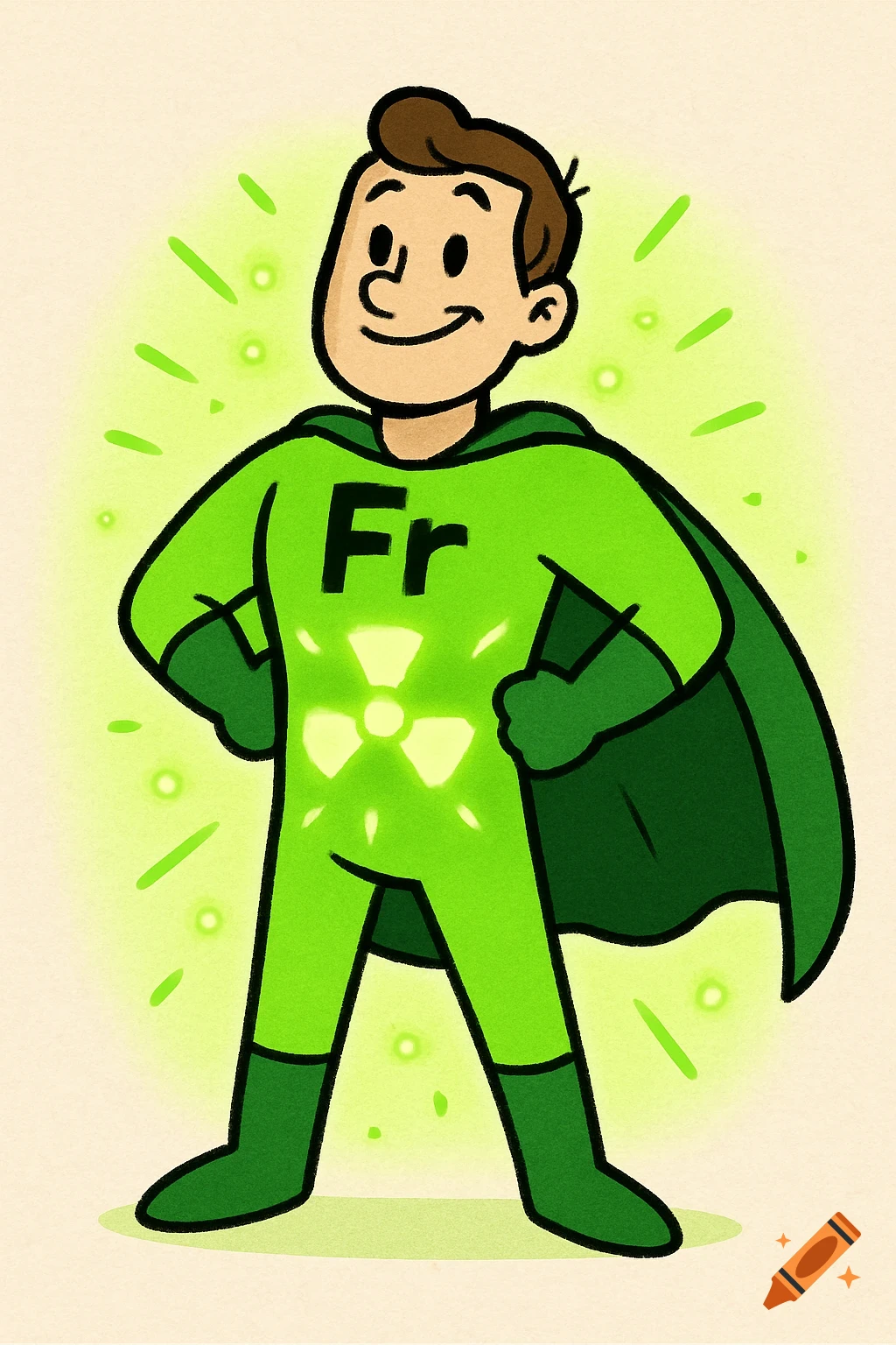 Cartoon superhero in green suit with 'Fr' on chest and glowing ...