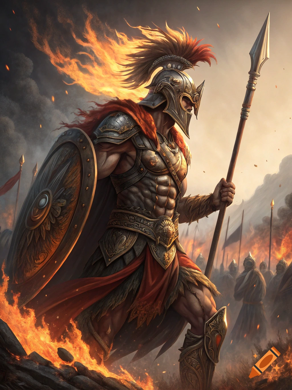Muscular warrior in ornate armor with spear and shield amidst fire and ...