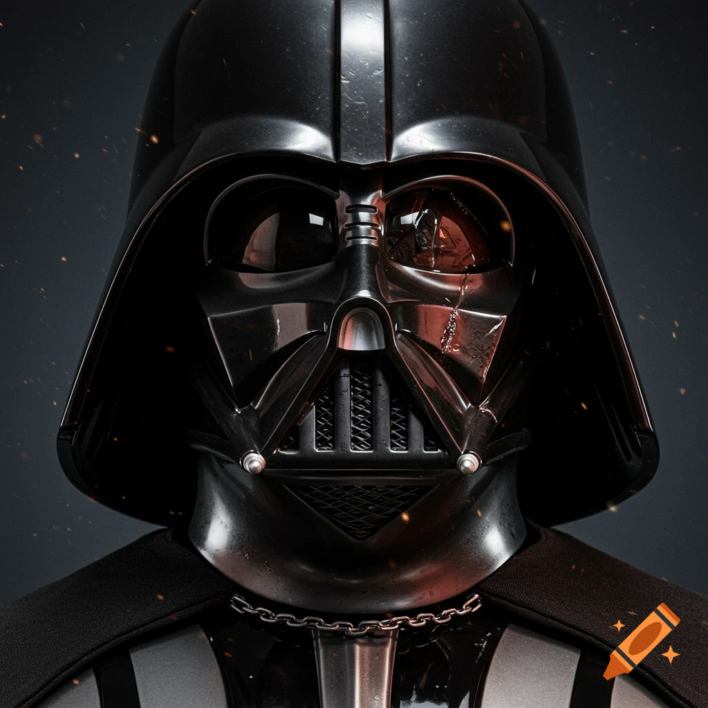 Close-up portrait of Darth Vader with broken mask revealing damaged ...