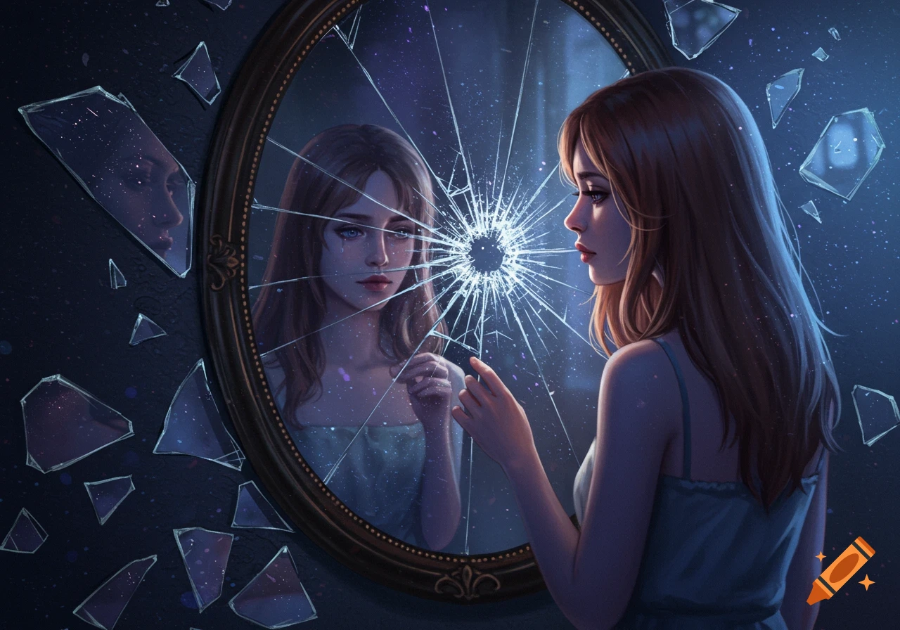 Fantasy art of a woman looking into a cracked mirror showing her sad ...