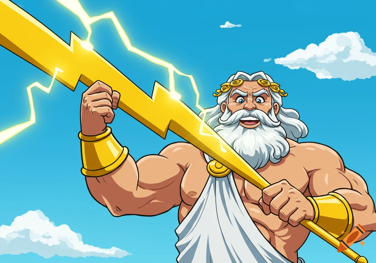 Cartoon of Zeus holding a lightning bolt against a blue sky. on Craiyon