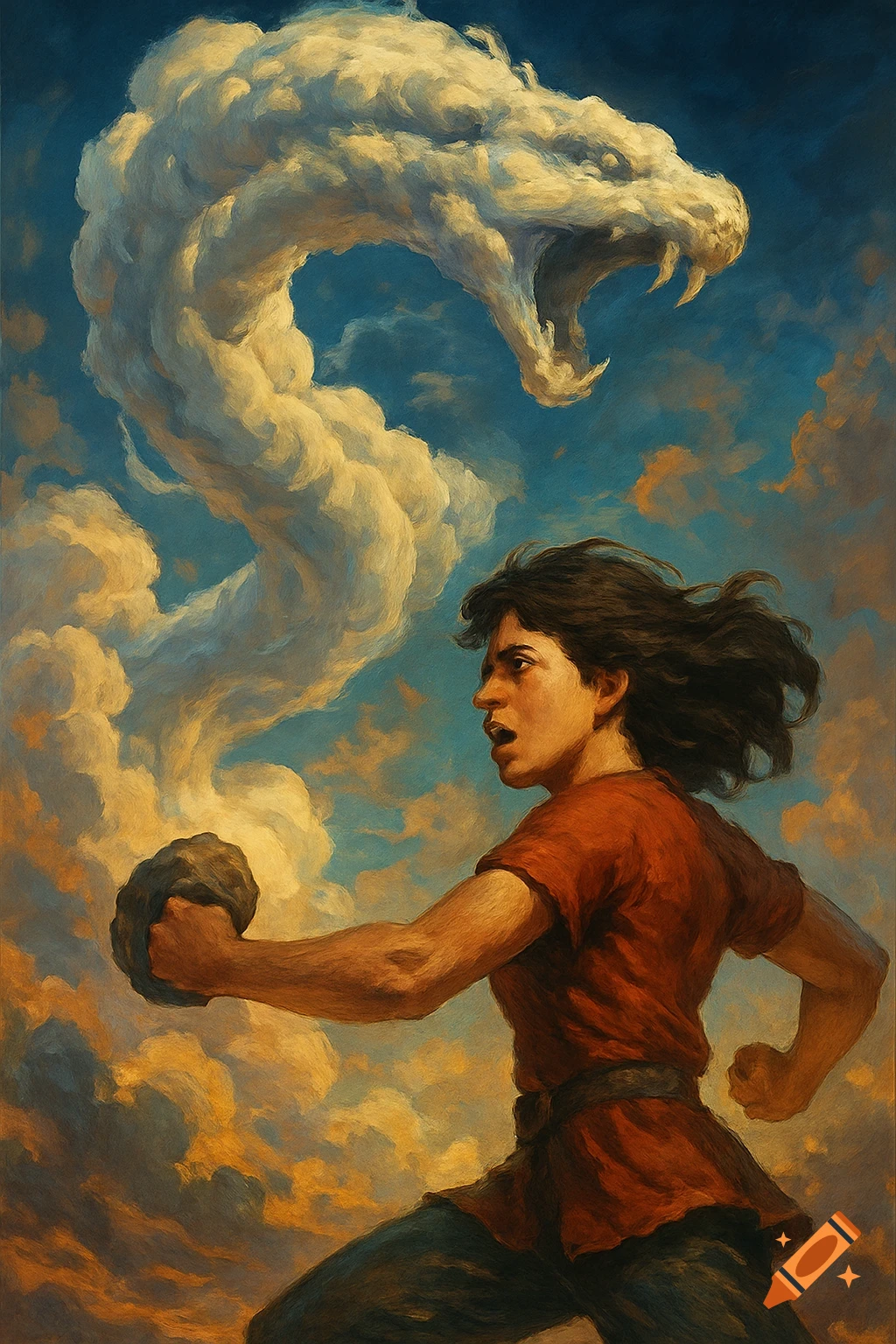 Painting of a person throwing a rock at a giant cloud serpent in a ...
