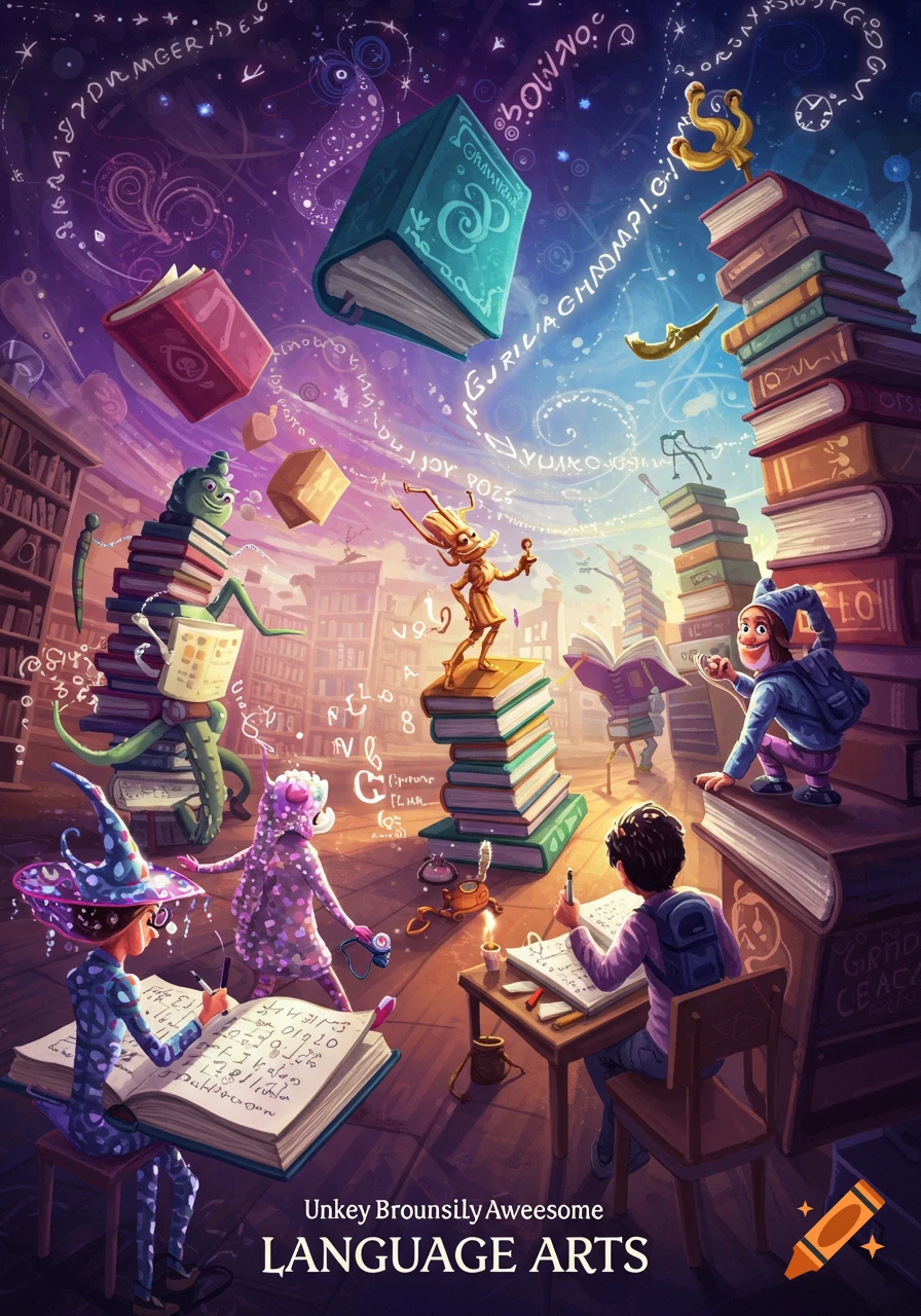 Fantasy illustration of creatures and children studying in a magical ...