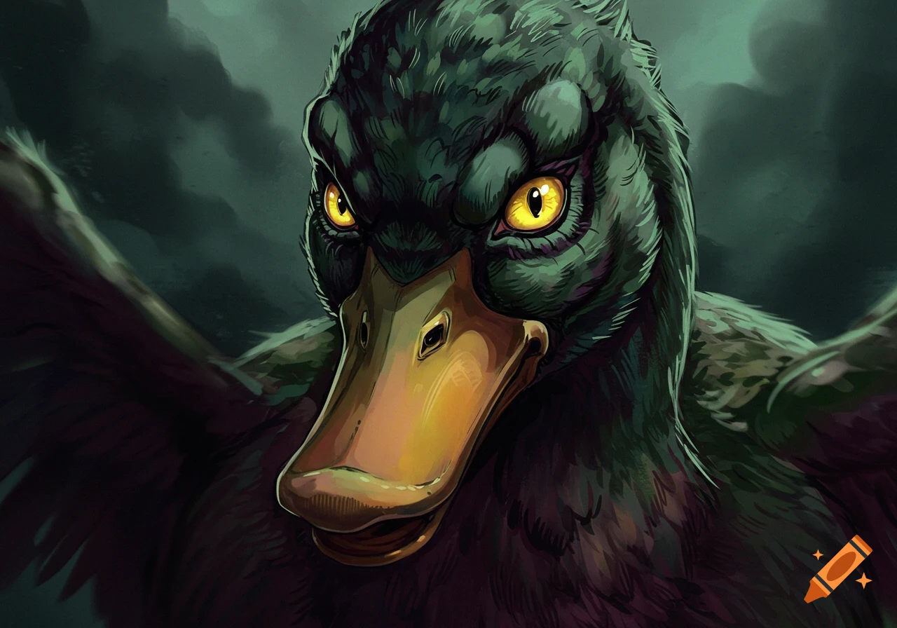 Close-up portrait of a sinister-looking stylized duck with bright ...