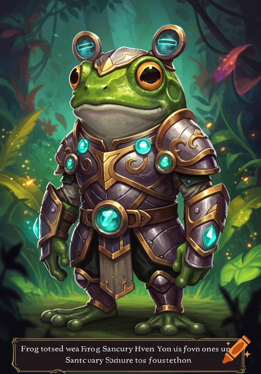A frog wearing fantasy armor stands in a forest clearing. Illustrated ...