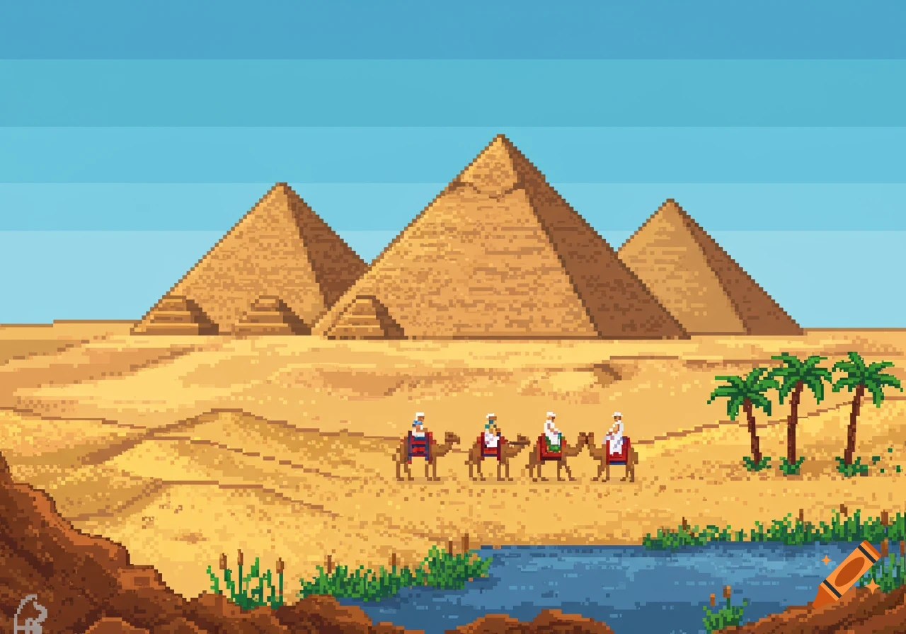 Pixel art scene of pyramids in a desert with camels and people. on Craiyon