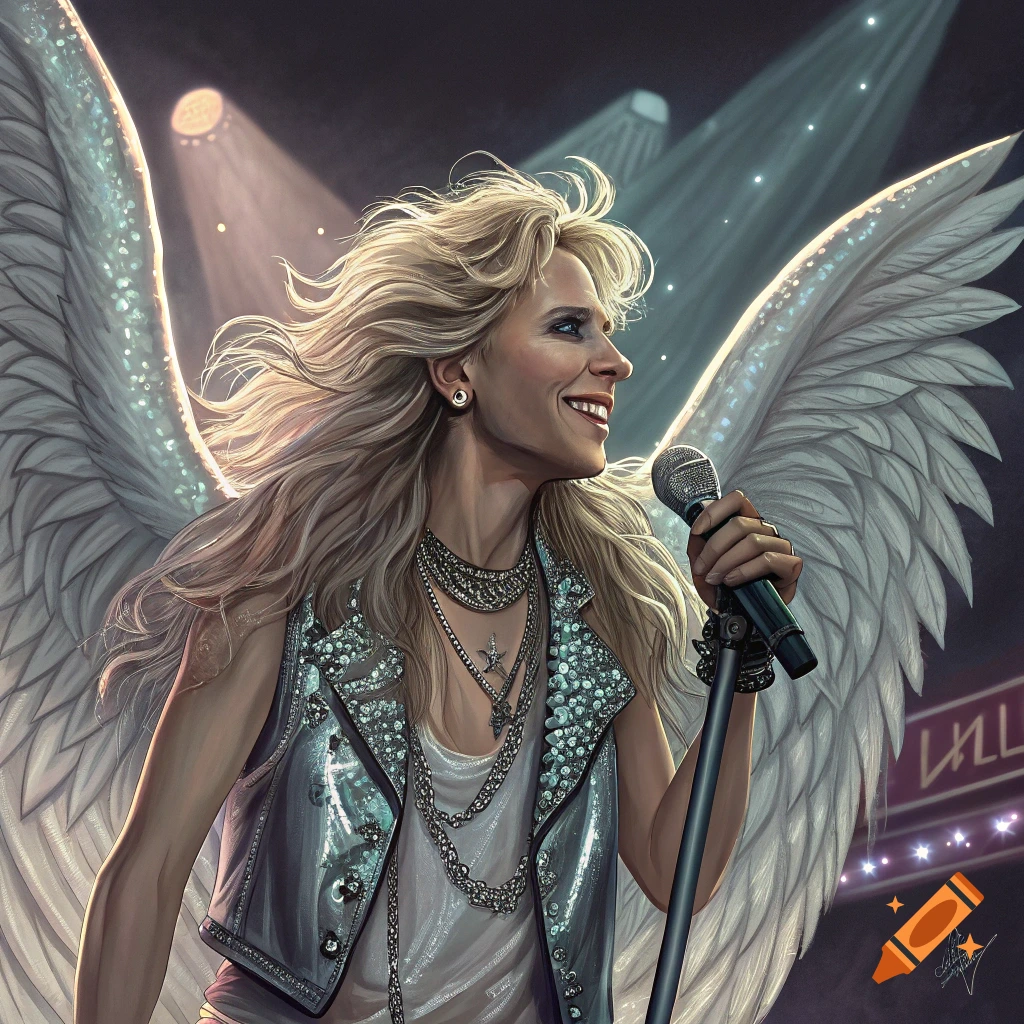 Digital painting of a blonde woman with angel wings and a sparkly vest ...