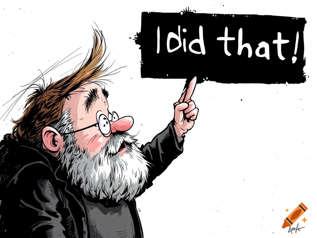 A cartoon of a man pointing to a sign that says "I did that!". on Craiyon