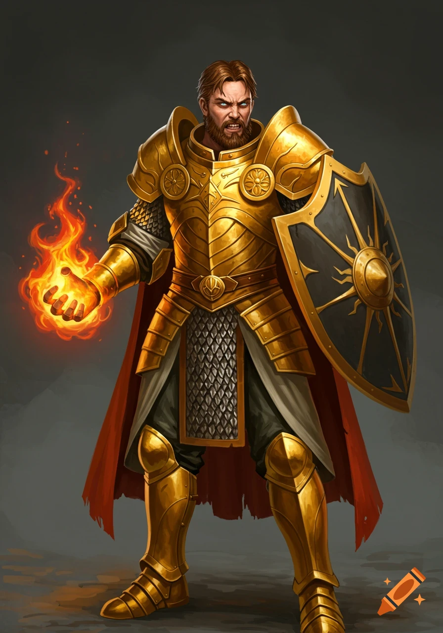 Male cleric in gold armor holds a shield and casts fire, digital ...