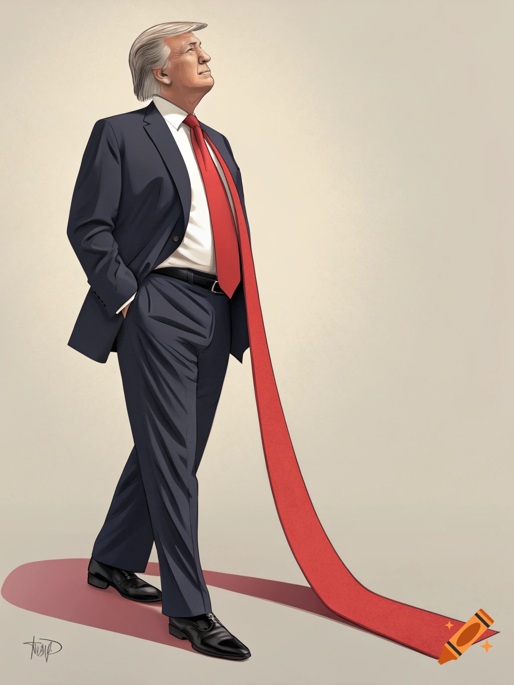 Illustration of Donald Trump standing with a very long red tie touching ...