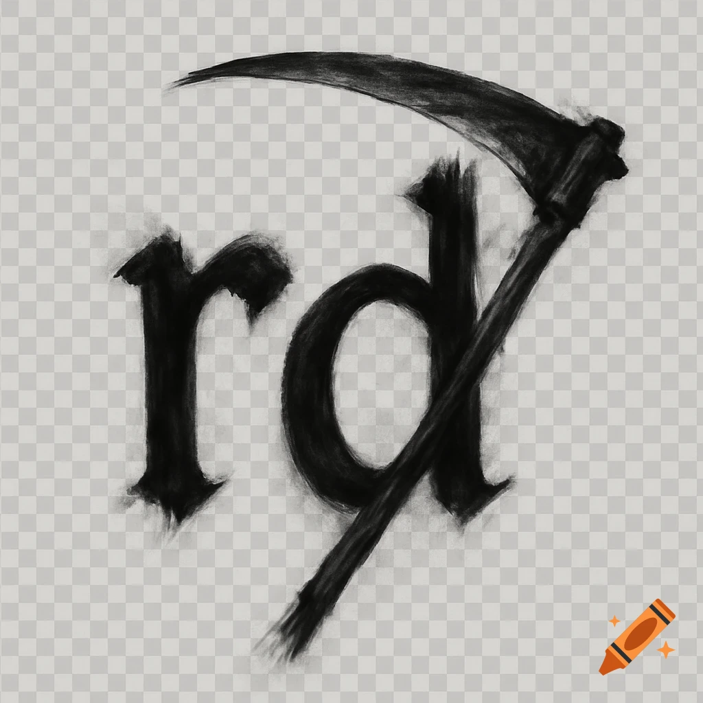 Stylized black letters 'rd' crossed by a scythe blade on a transparent ...