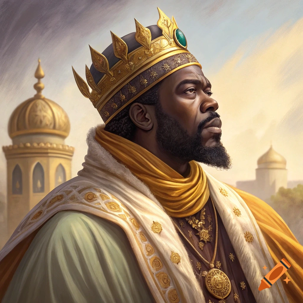 A regal man wearing a golden crown and robes looks up and to the side ...