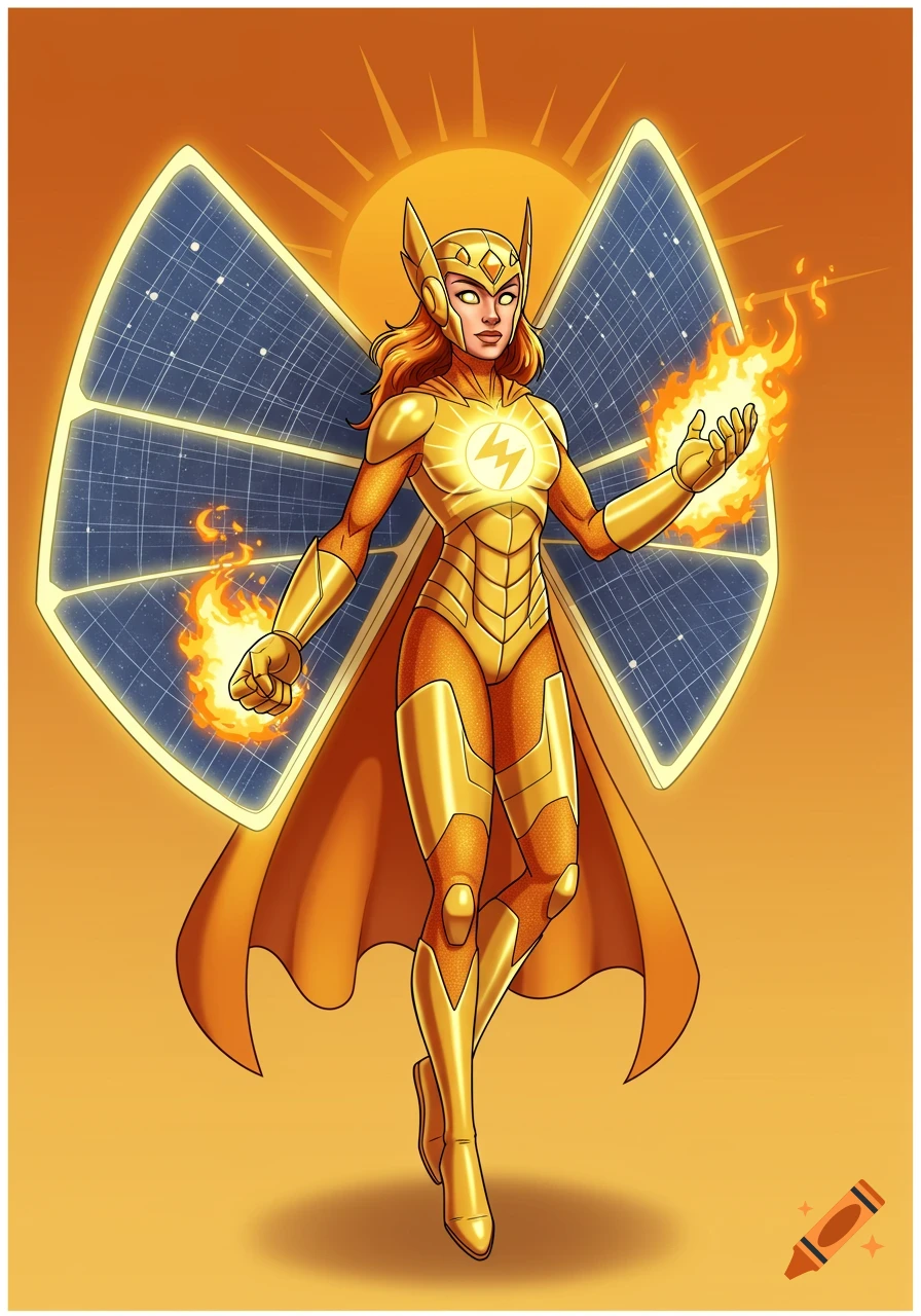 A female superhero with solar panel wings, golden armor, and sun powers ...