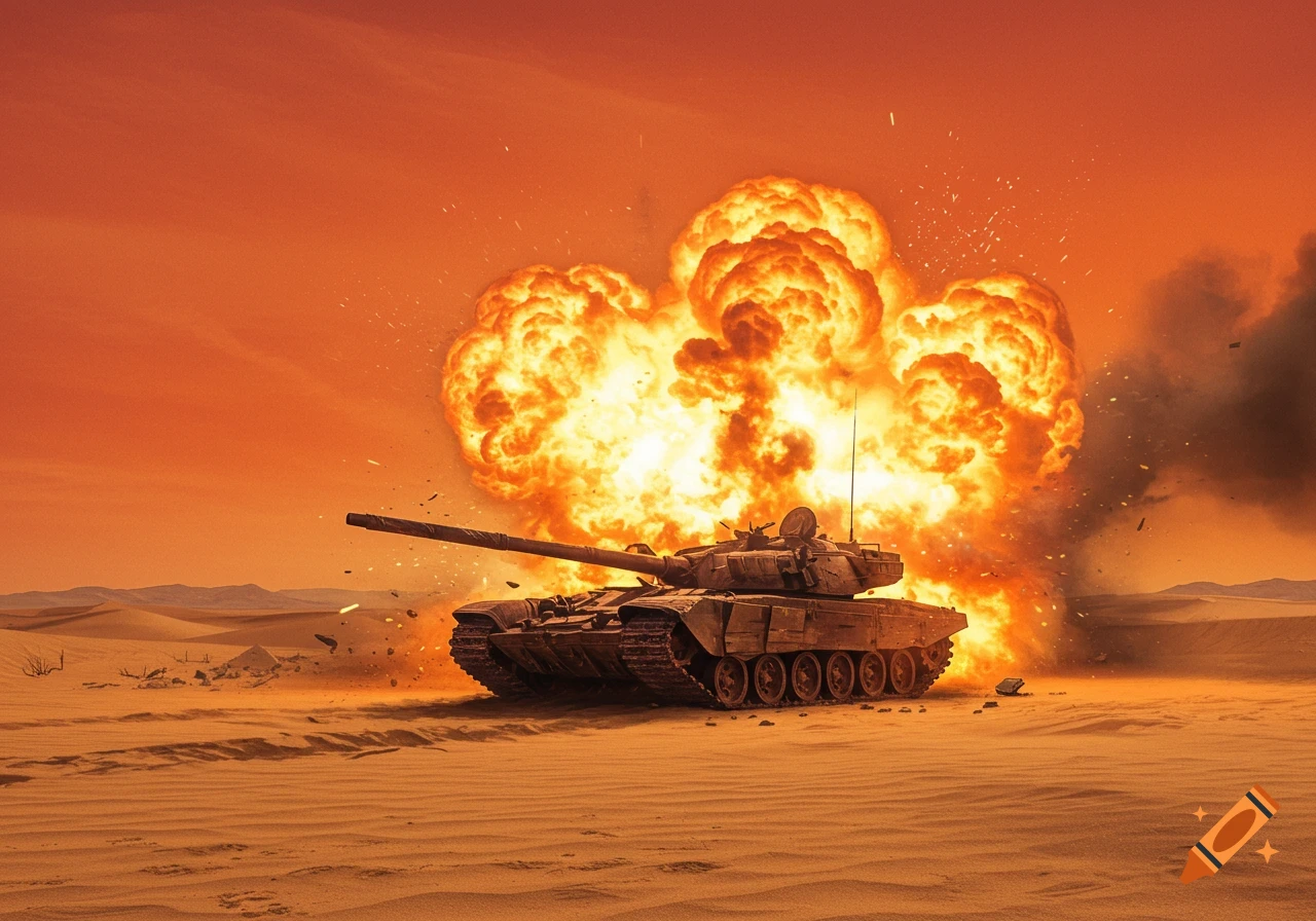 A military tank sits in a desert as a large explosion erupts behind it ...