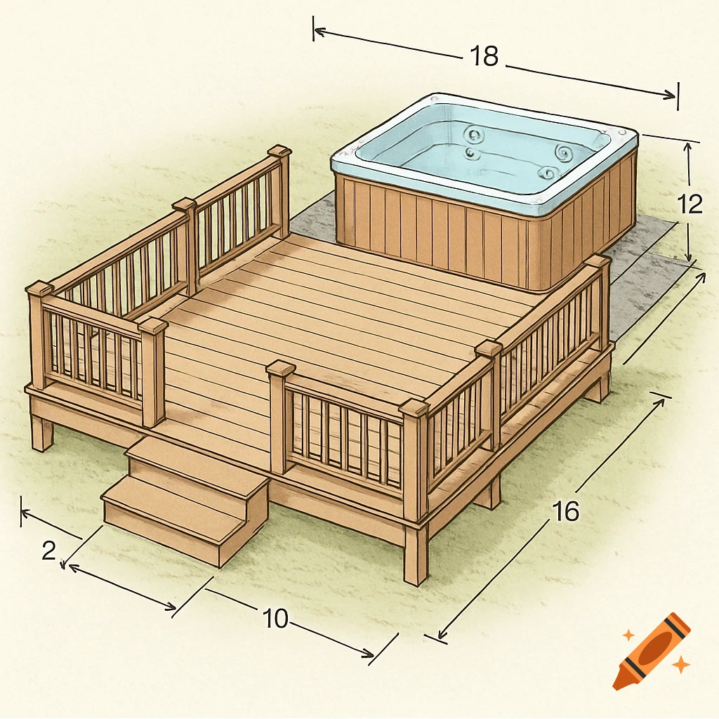 A diagram drawing of a wooden deck with stairs and a hot tub on a ...