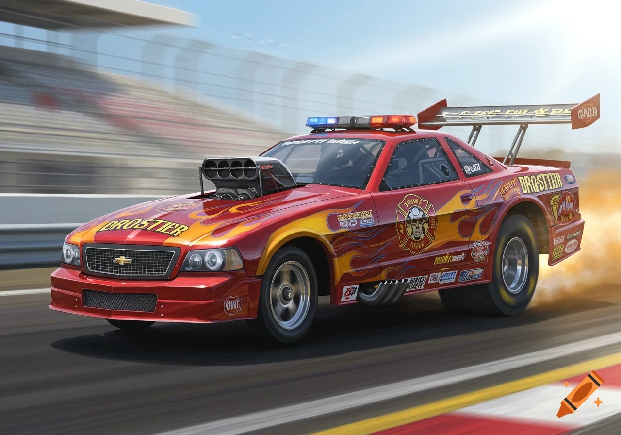 Red dragster race car with firetruck styling speeds down a track ...
