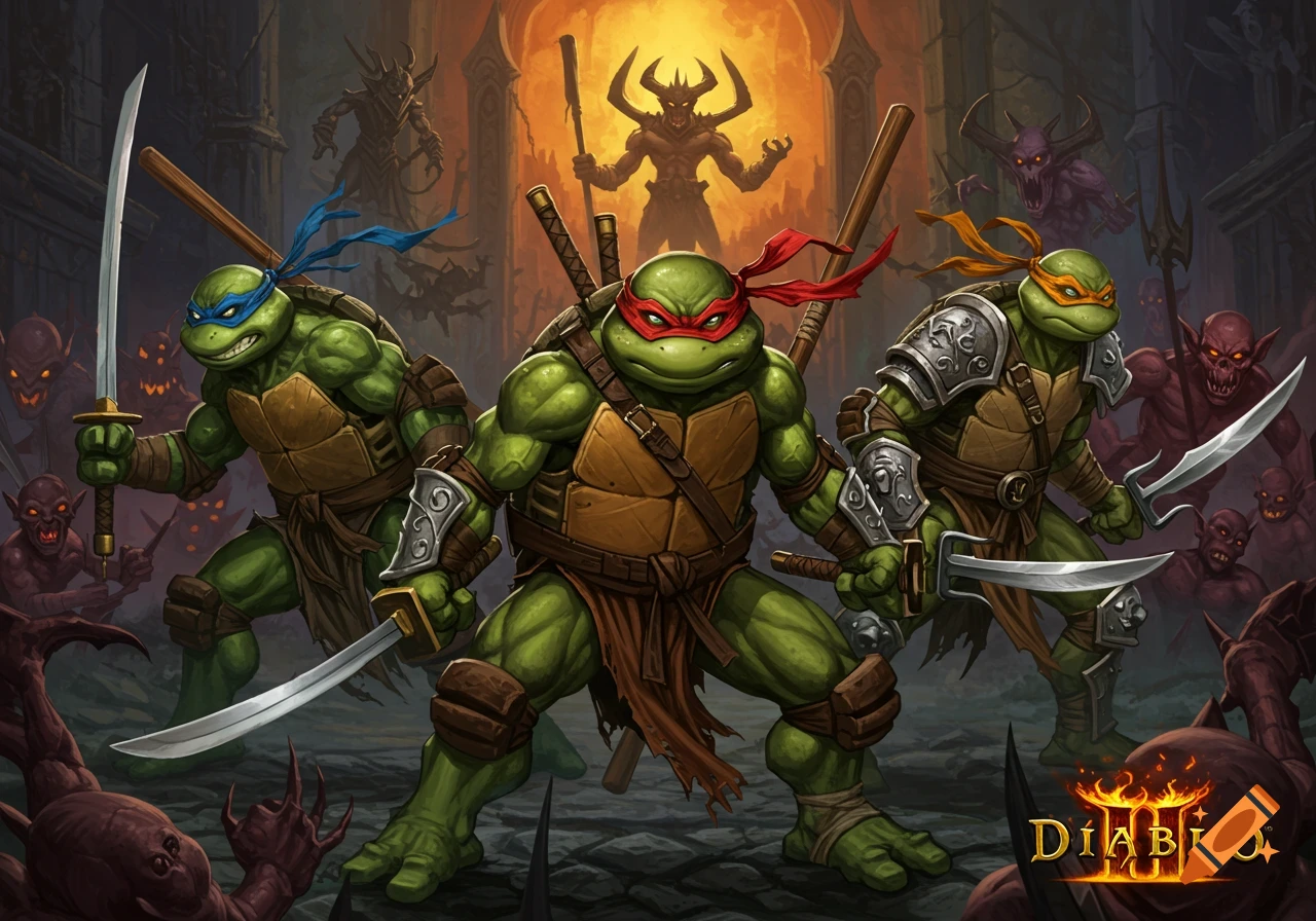 Three Ninja Turtles fighting demons in a dark fantasy Diablo-style ...