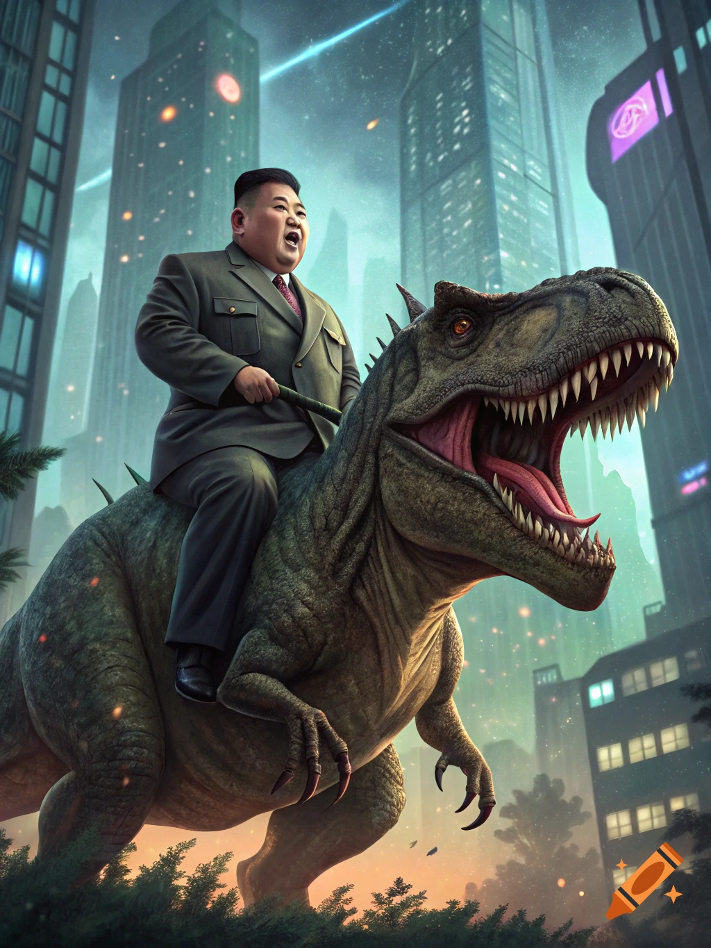 Kim Jong Un rides a T-Rex through a futuristic city on Craiyon