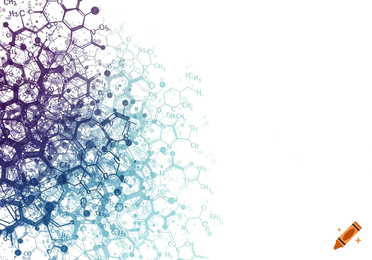 Abstract illustration of chemical structures and formulas in blue and ...