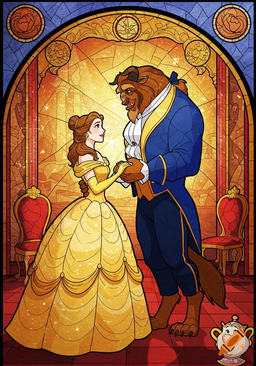 Illustration of Belle and the Beast dancing in a grand hall depicted as ...