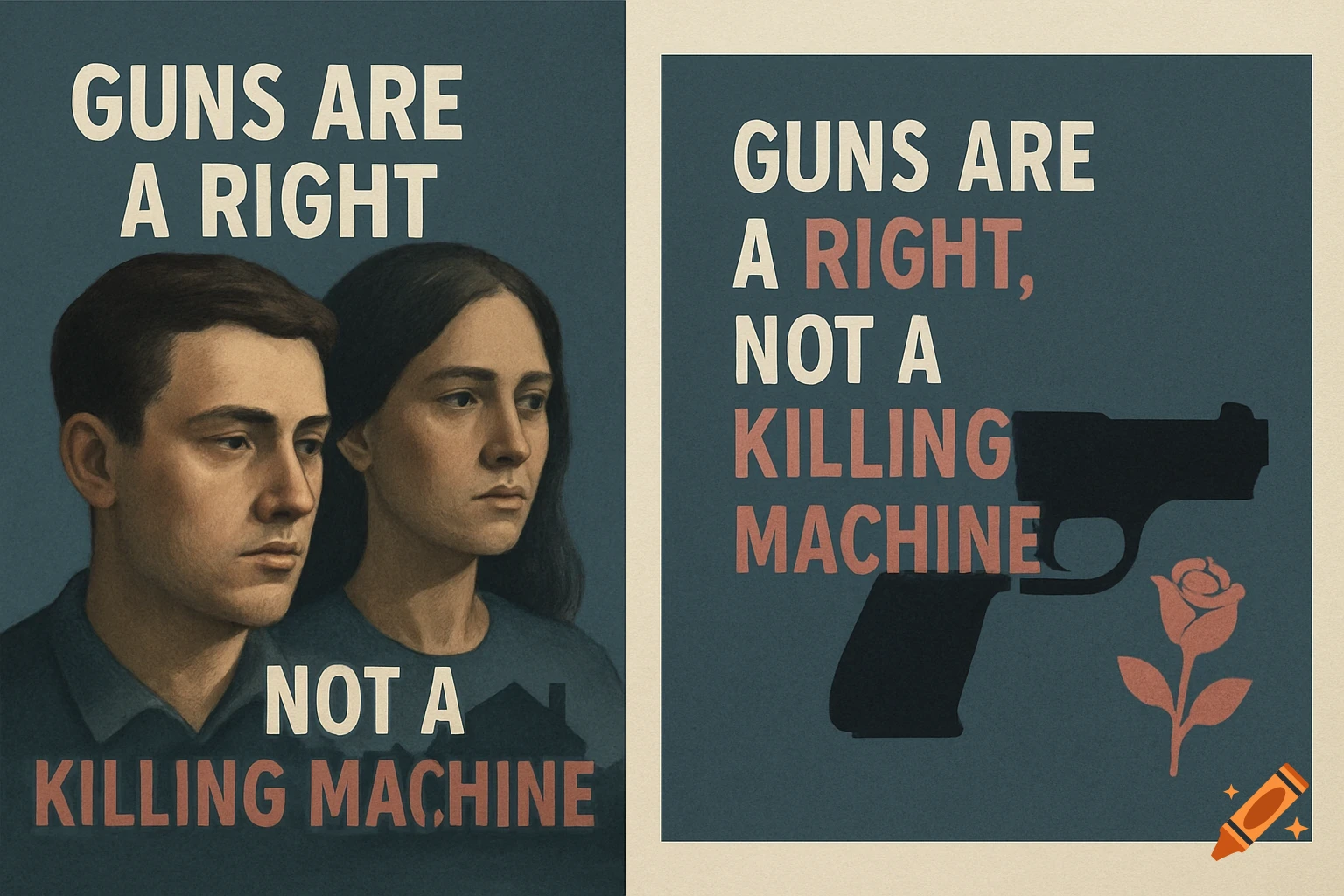 Two poster designs: left shows two people, right shows a gun & rose ...