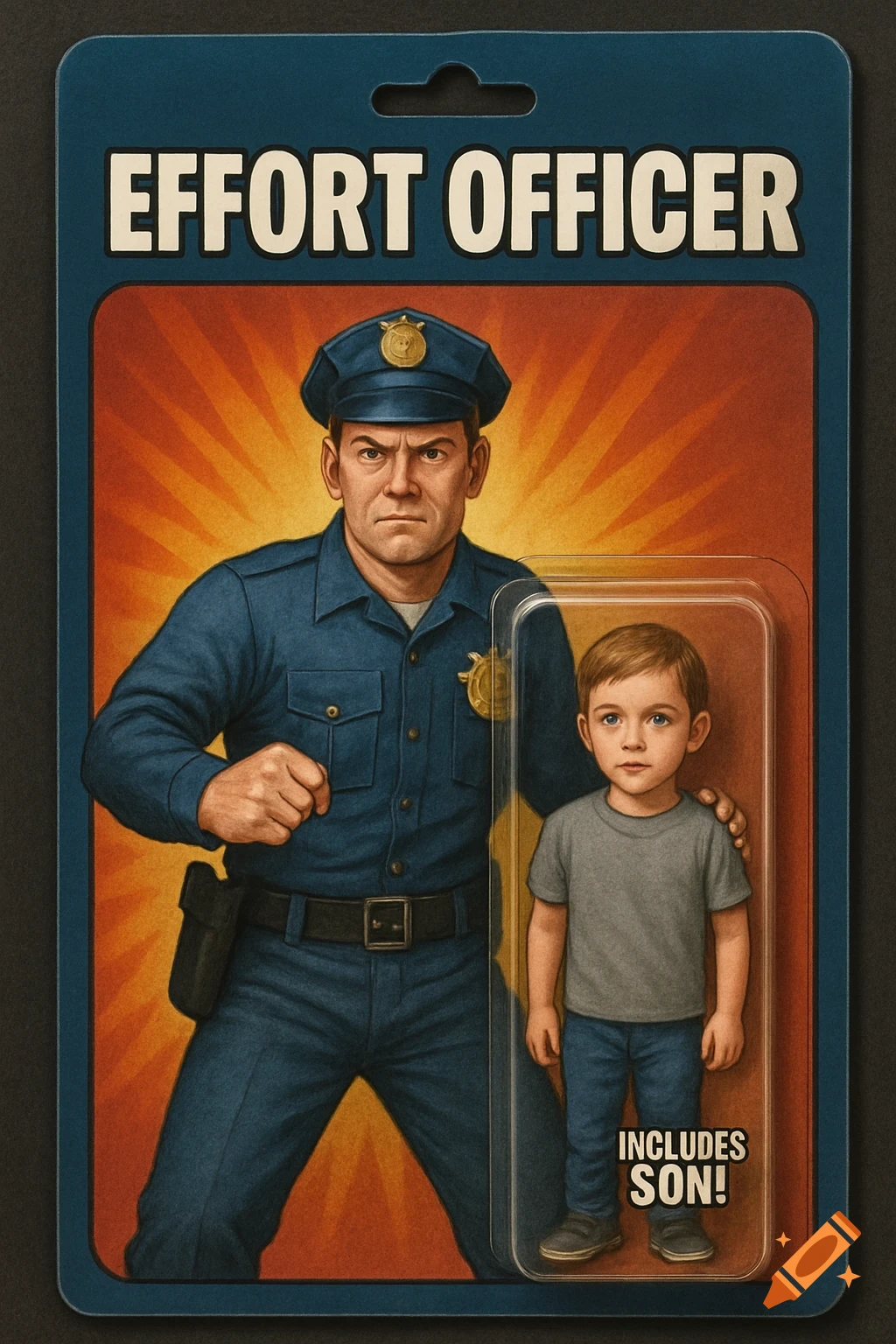 Illustration of an action figure package for "Effort Officer" featuring ...
