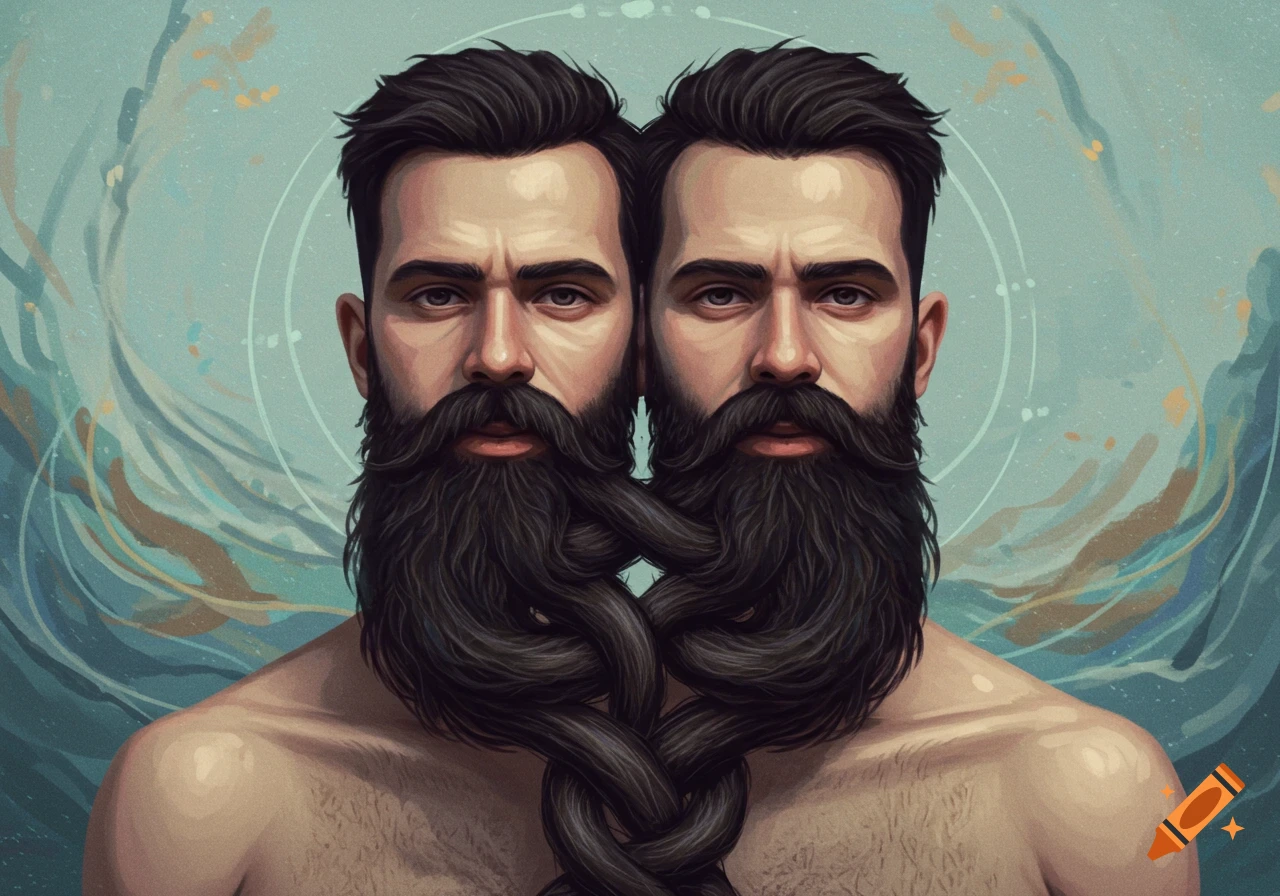Illustration of two men with dark hair and beards, joined together by ...