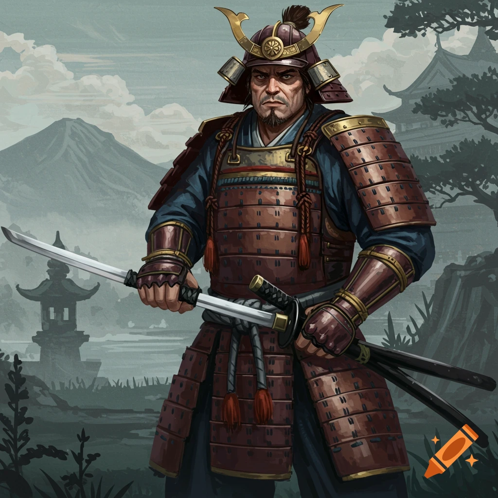 A detailed illustration of a samurai warrior in armor holding a sword ...