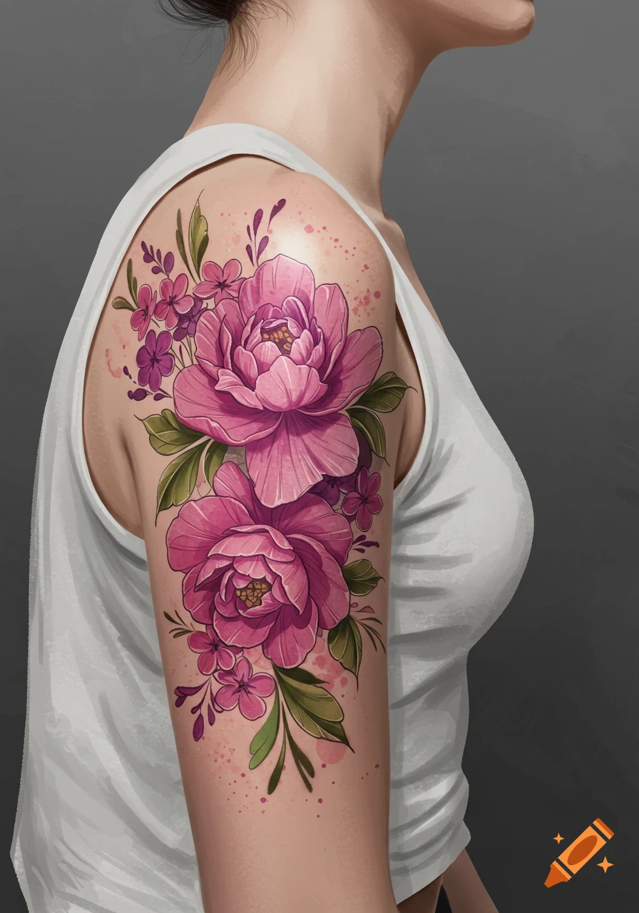 Detailed illustration of a pink and purple floral tattoo on a woman's ...