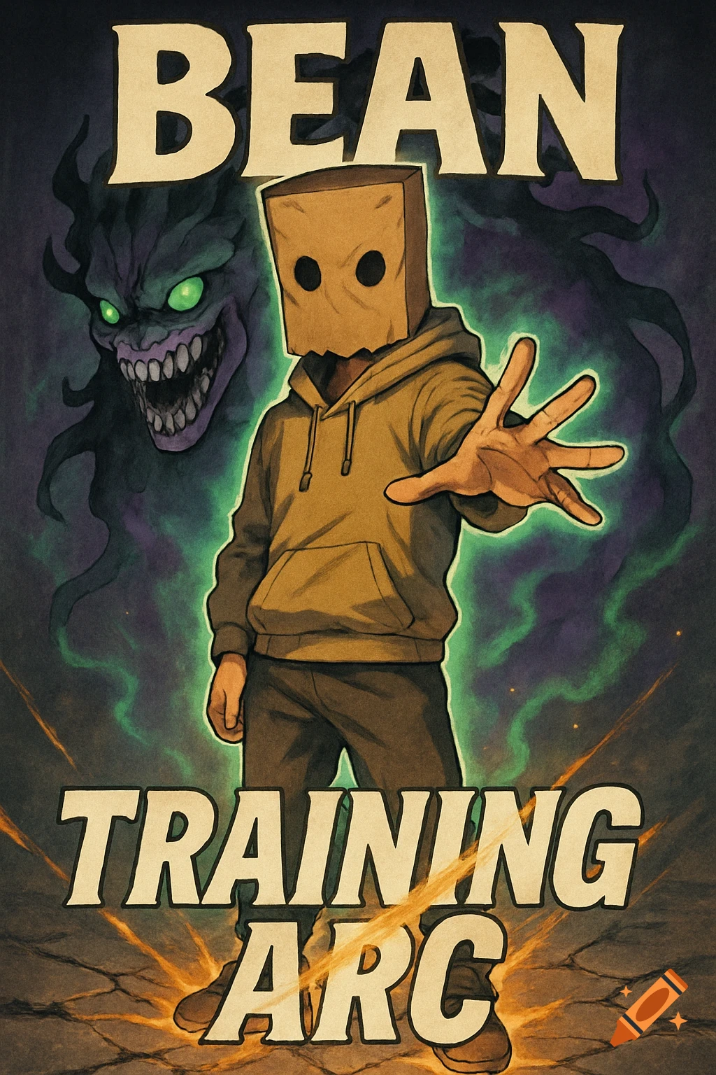 Stylized anime poster of a person with a paper bag mask, monster behind ...