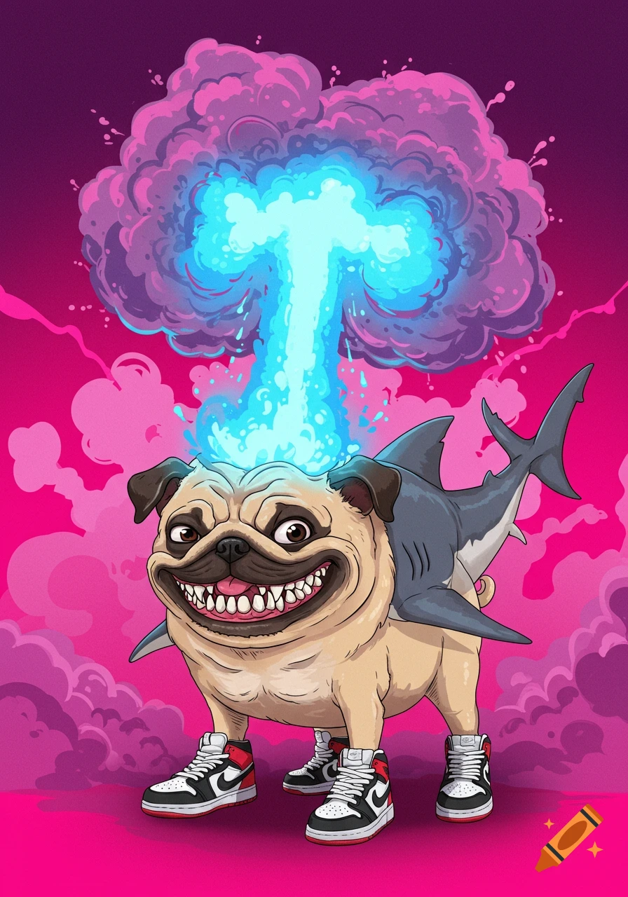 Cartoon pug/shark hybrid in sneakers with blue explosion behind it. on ...
