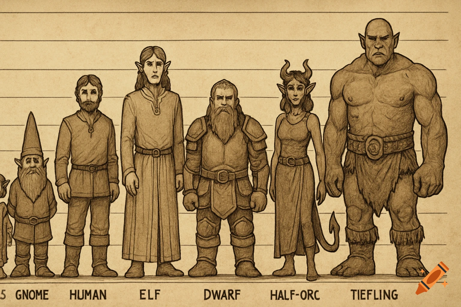 Pencil sketch of fantasy races (gnome, human, elf, dwarf, half-orc, tiefling) on a height chart ...